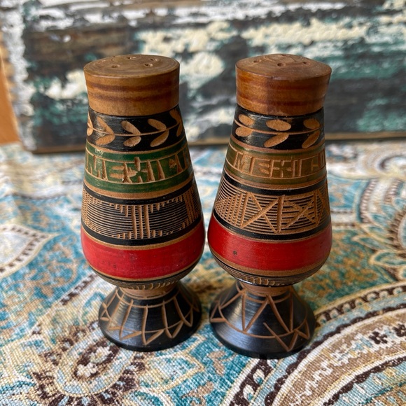 Vintage | Kitchen | Vintage Mexico Carved Painted Wooden Salt And ...